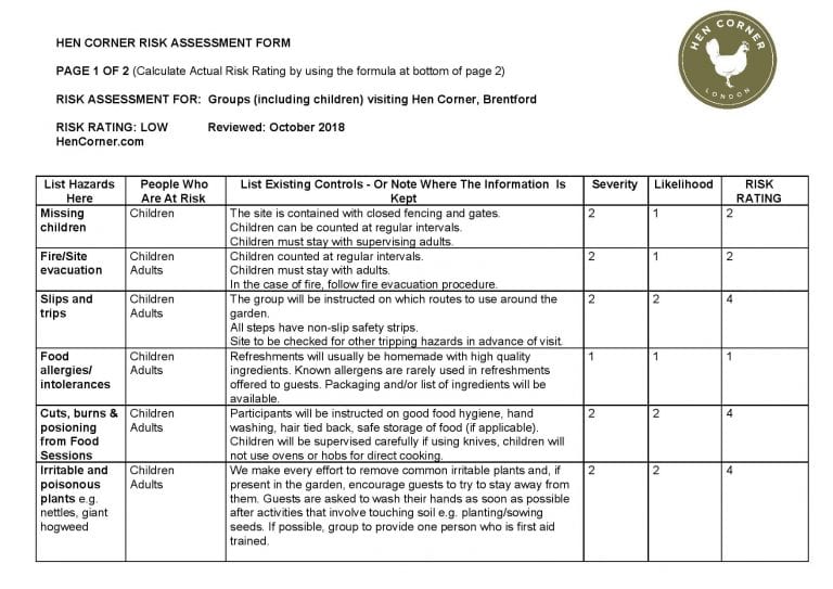 Risk Assesment for groups (including children) visiting Hen Corner.doc ...